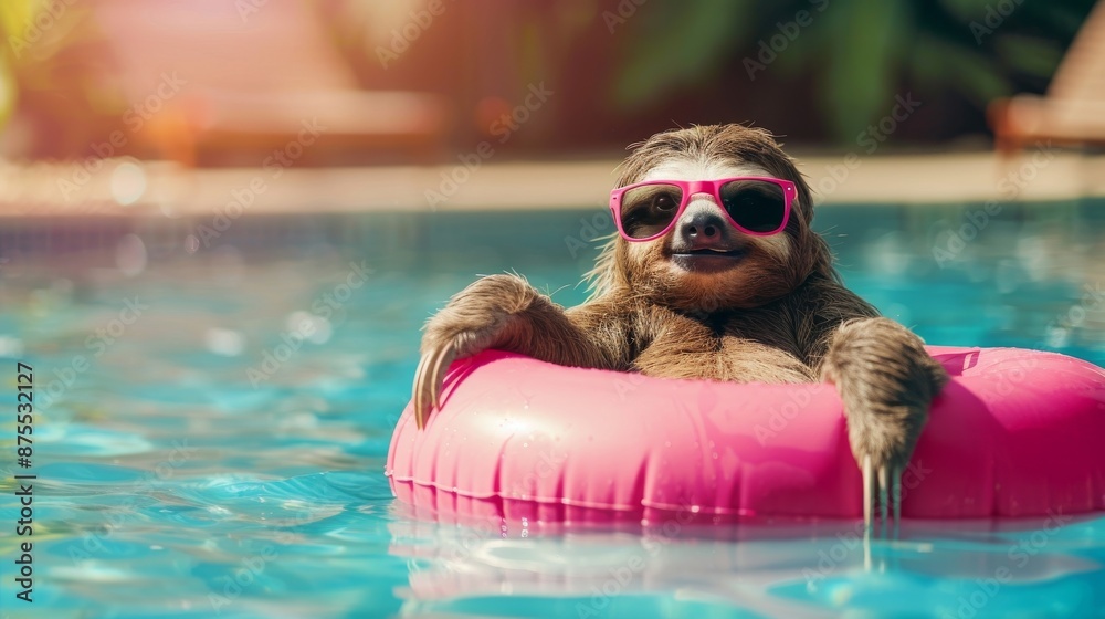 Smiling sloth with sunglasses enjoying summer vacation by the pool on ...