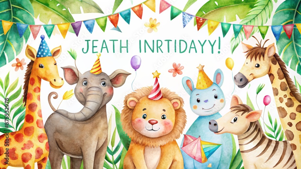 Cute Watercolor Safari Animals Birthday Party Illustration with Jungle ...