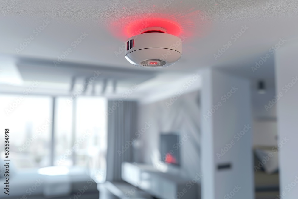 Home safety device setup in a hotel room ceiling with smoke and fire ...