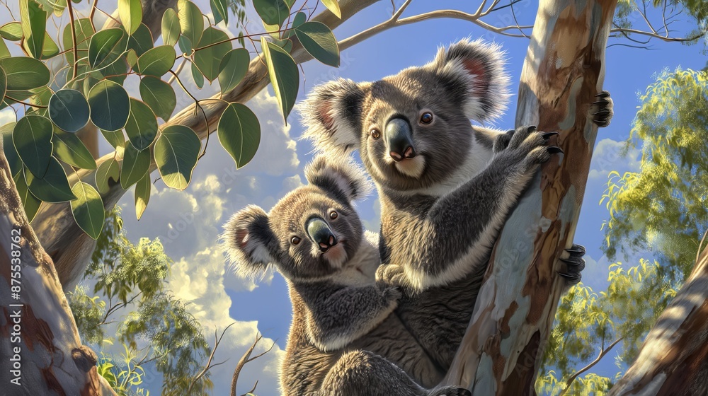 Two adorable koalas climbing eucalyptus trees, with a sunny sky and ...