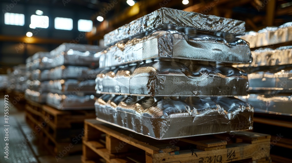 Stacked aluminum ingots, raw material for making aluminum alloys ...