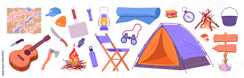 Cartoon camping equipment. Summer tourism and hiking items, tent ...