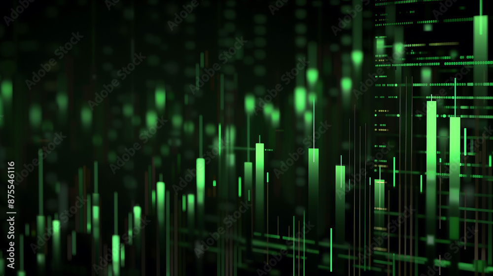 A stock market graph with green candlestick chart showing an up trend ...