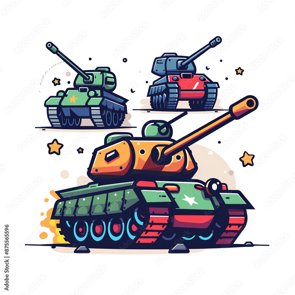 Colorful cartoon tanks illustration featuring different types of ...