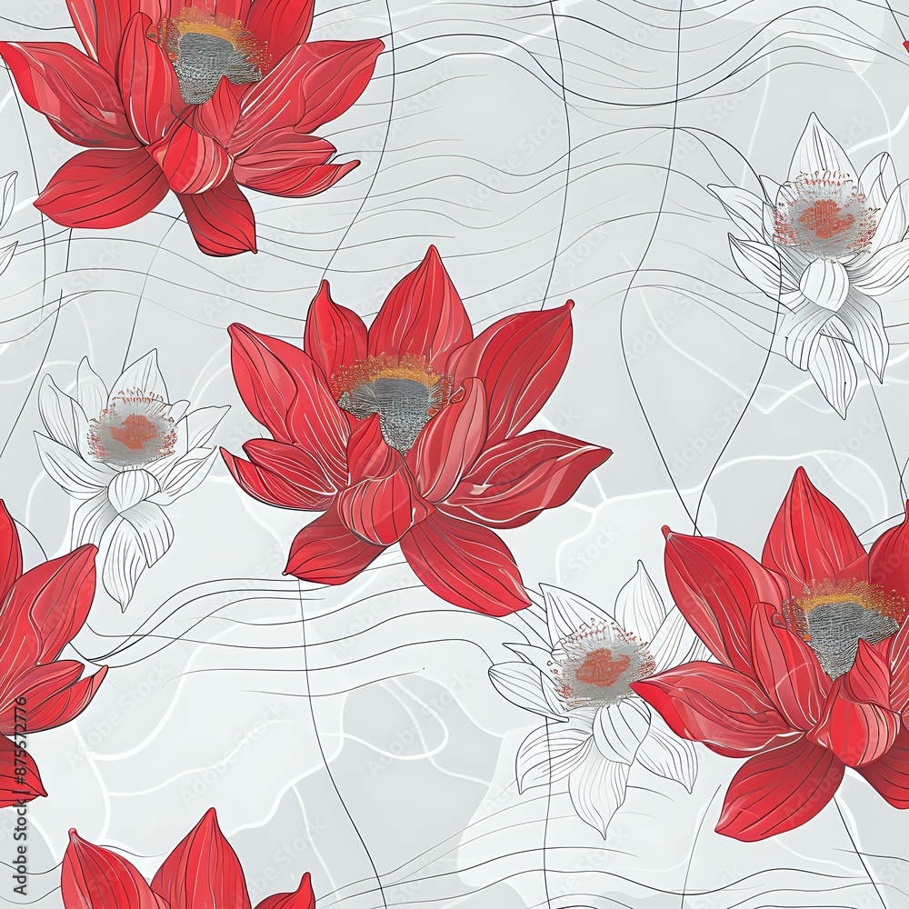 Red Lotus Flower and Stem Repeat Pattern for Fabric and Wallpaper Stock ...
