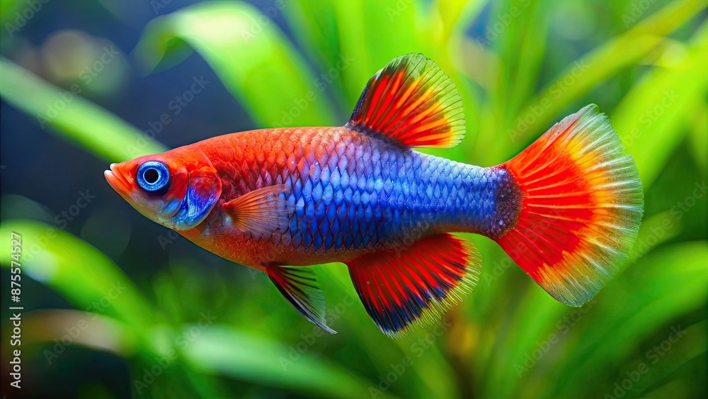 Vibrant neon platy fish with red fins and blue body swimming gracefully ...