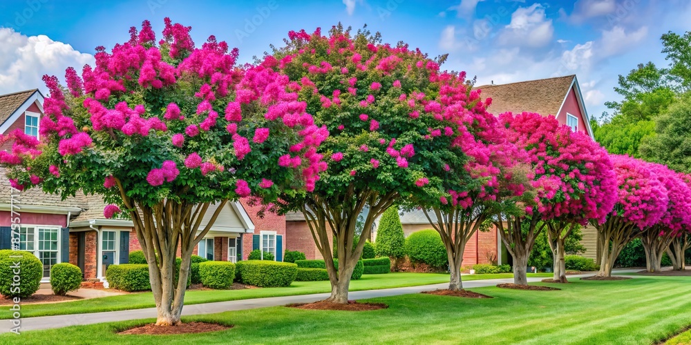 lush blooming crape myrtle trees on green lawn in a neat neighborhood ...
