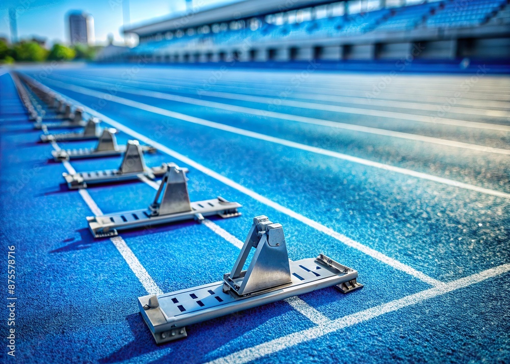 Focus falls on empty starting blocks set against a serene blue track ...