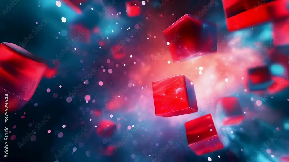 Glowing red cubes float in a cosmic nebula filled with sparkling ...