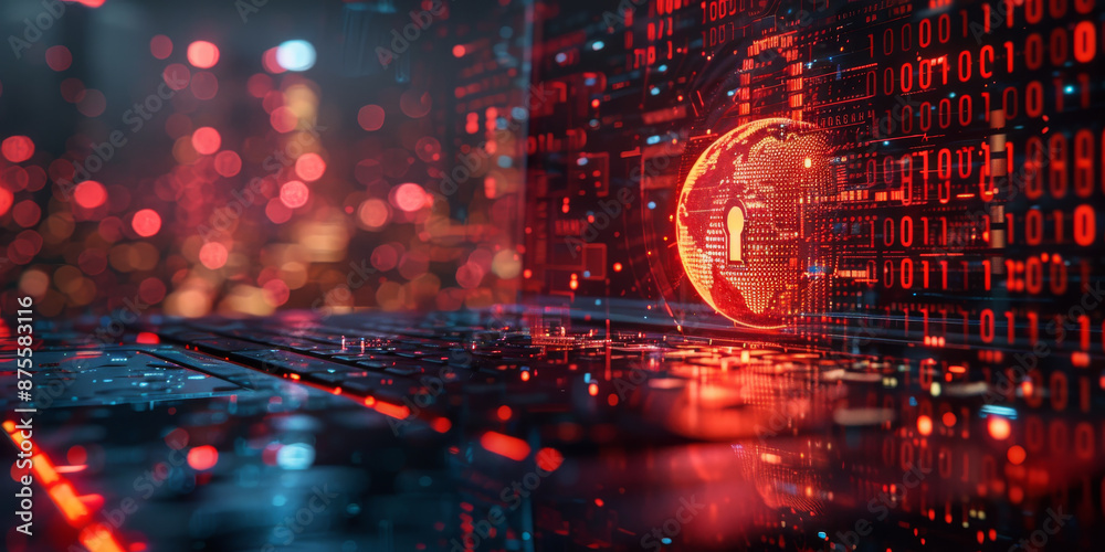 Global cyber security concept with digital closed pad lock, earth planet globe and binary code ...