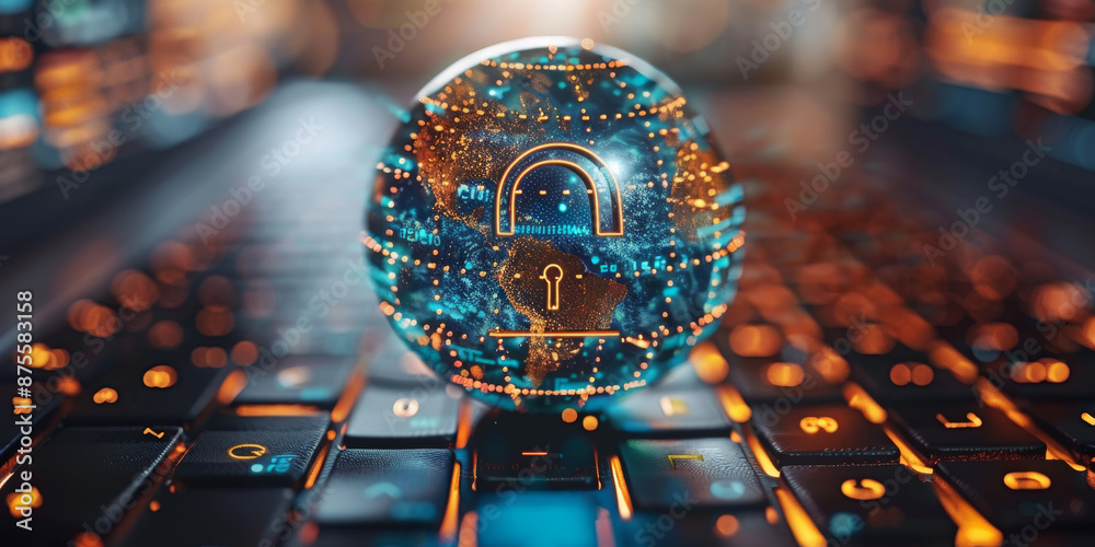 Global cyber security concept with digital closed pad lock, earth planet globe and binary code ...