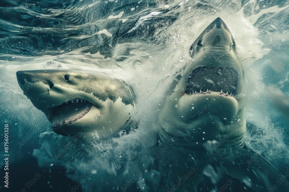 Two sharks are swimming in the ocean, one of which has its mouth open ...