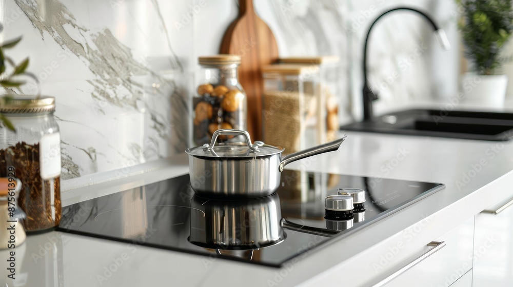 Black induction stove is on a white countertop with a marble backsplash ...