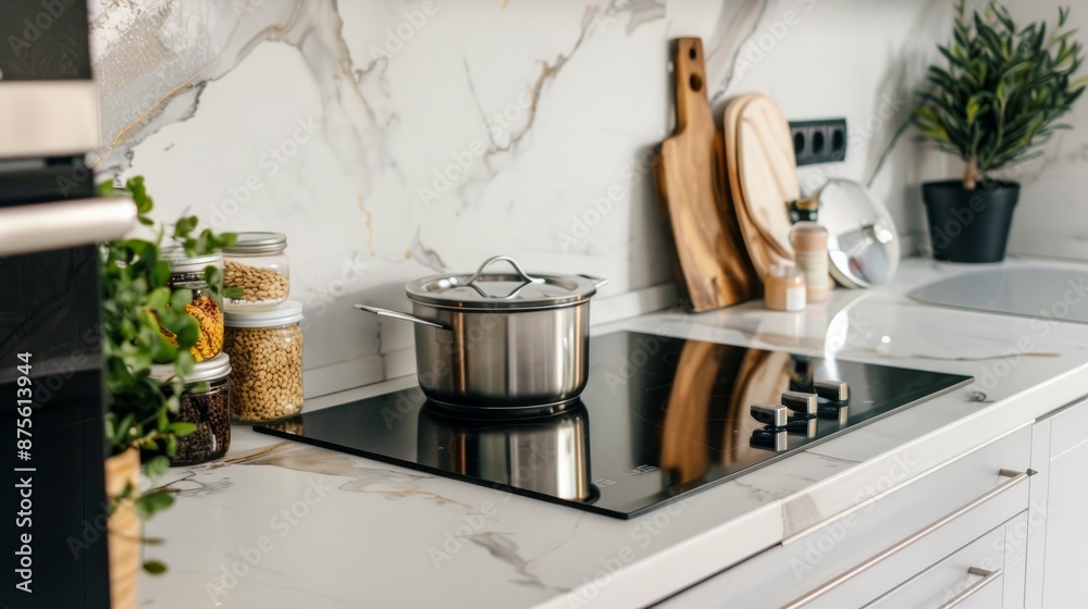 Black induction stove is on a white countertop with a marble backsplash ...