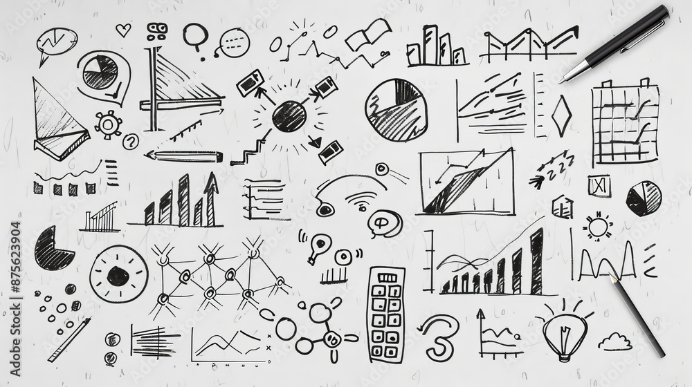 A collection of simple, hand-drawn doodles related to business and ...