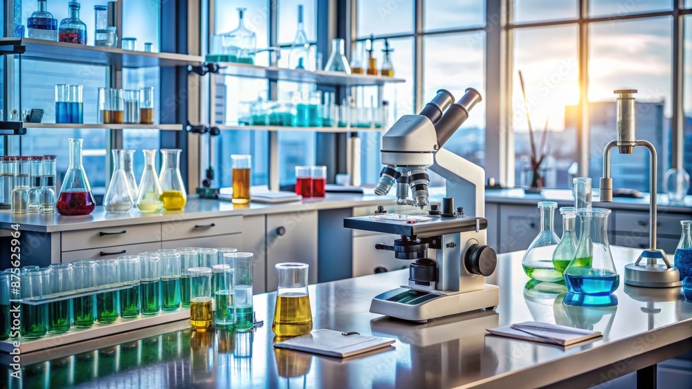 A modern medical laboratory setup with microscope, petri dishes, test ...