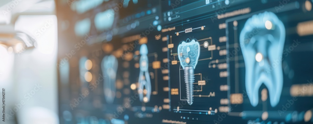 Digital model of dental implant planning on a computer screen, dental ...