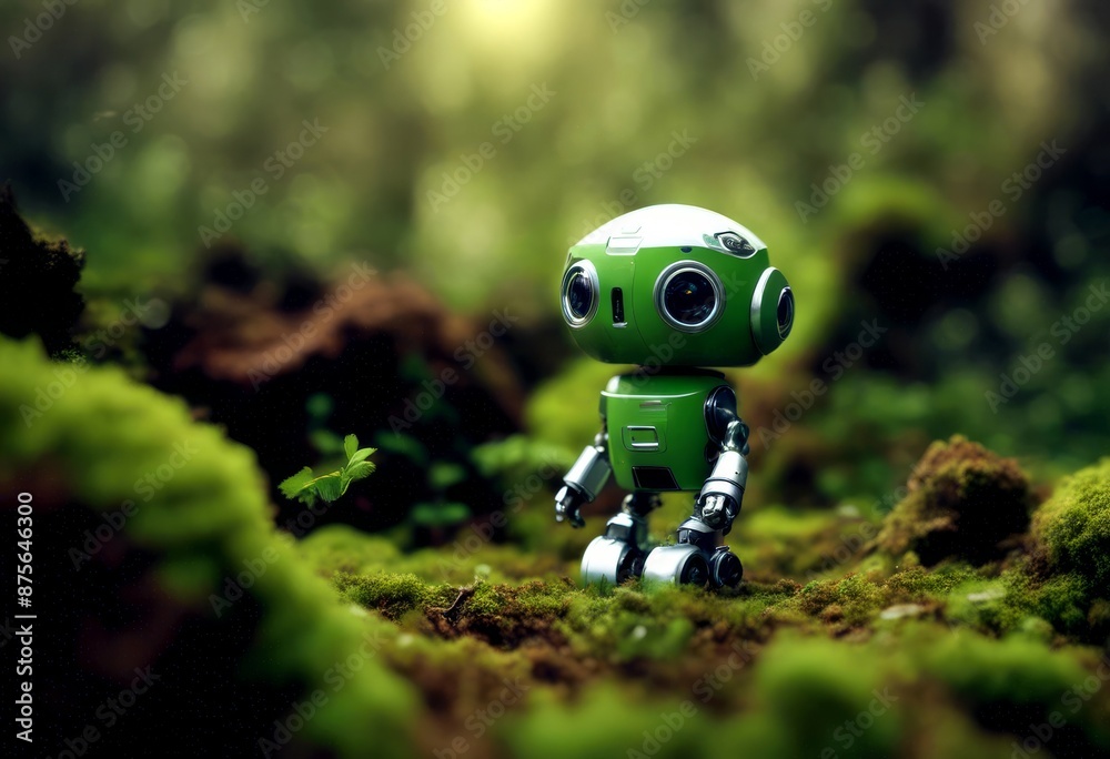 cute strolling constructed a modern green moss tiny woods robot body ...