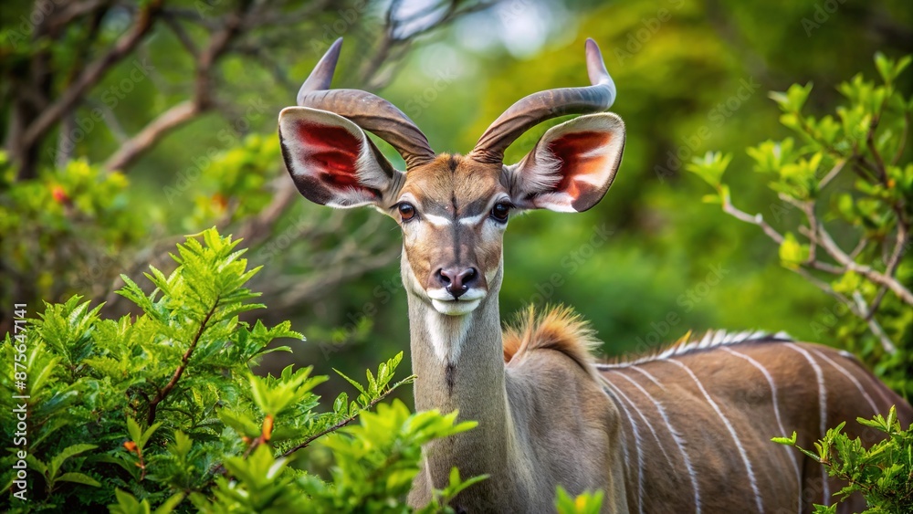 Majestic female kudu with spiral horns and grey-brown coat cautiously ...