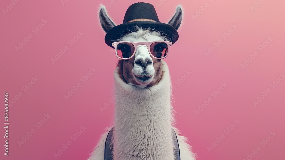 Cool llama wearing a hat and sunglasses. The llama is standing against ...