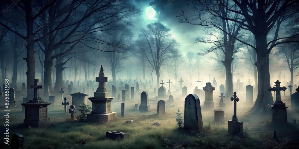 Creepy cemetery shrouded in fog with ghostly apparitions, cemetery, fog, ghost, spooky, eerie ...