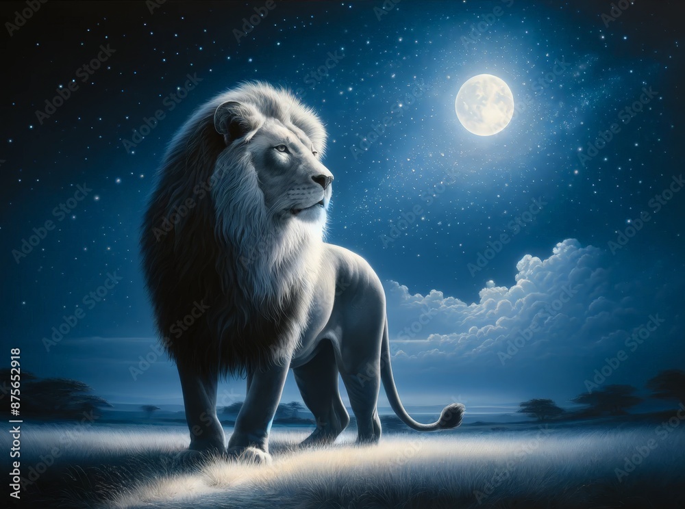 A lion stands in the grass on a full moon night. Lions are classified ...