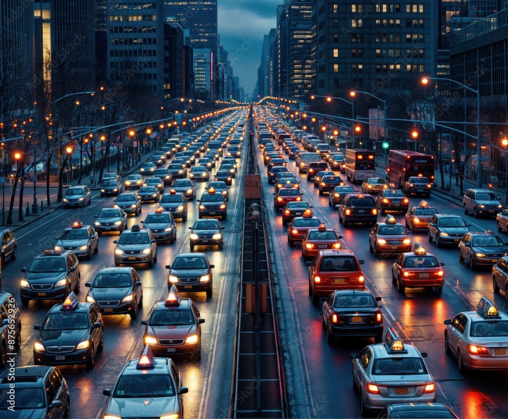 Vista de uma metrópole agitada durante a hora do rush, com ruas ...