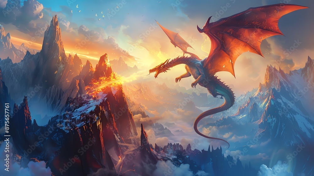 Majestic dragon soaring above a mountain range with fiery breath and expansive wings, top view ...