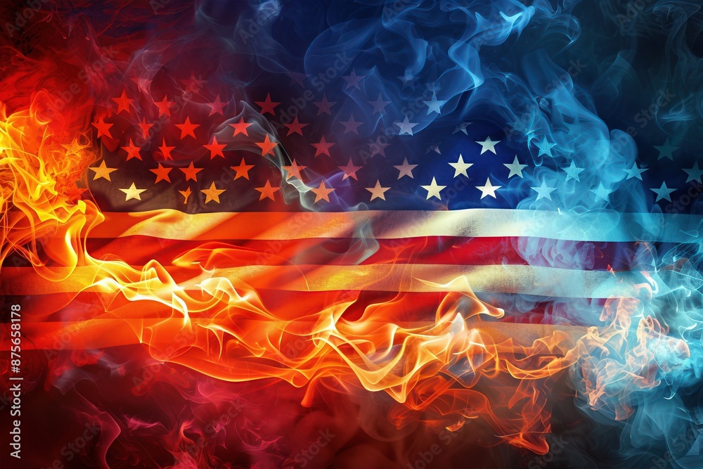 Artistic representation of the American flag in flames and smoke ...
