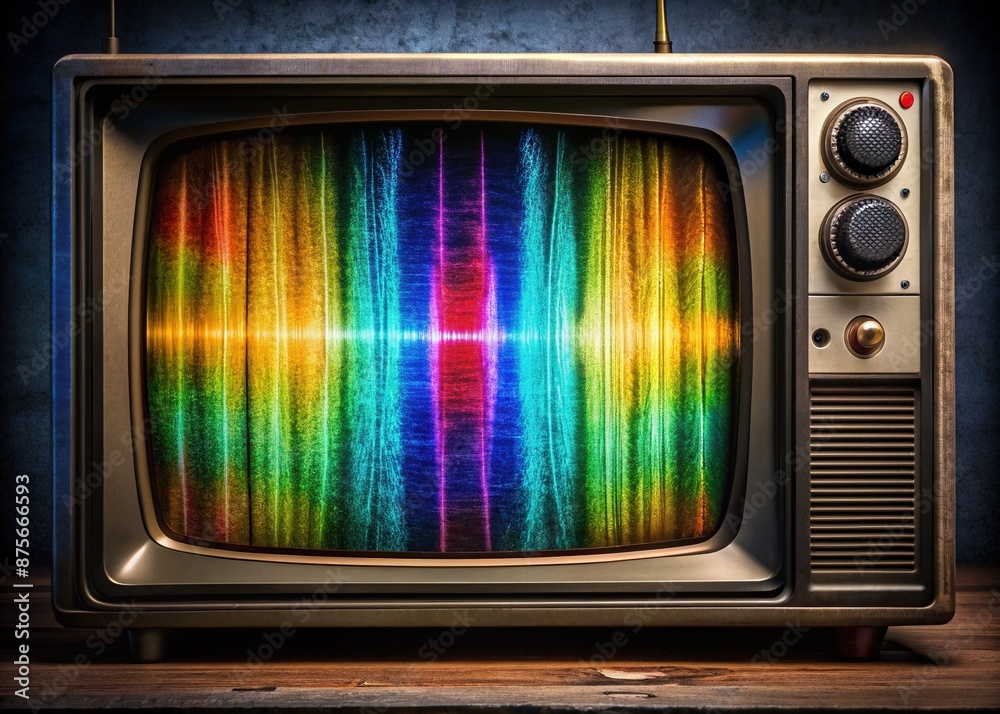 Distressed retro television screen displaying a fuzzy, distorted, and ...