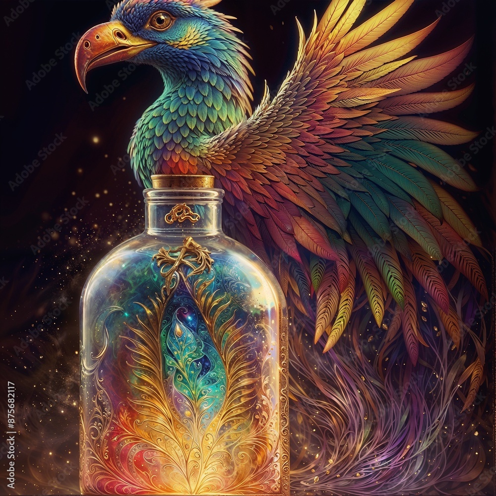 A brilliantly iridescent phoenix, its fiery feathers aflame with every ...