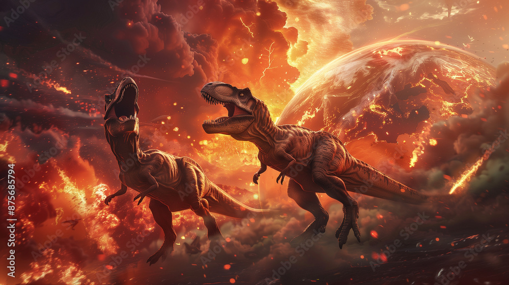 Three T-Rex fighting in the background of an exploding earth, concept ...