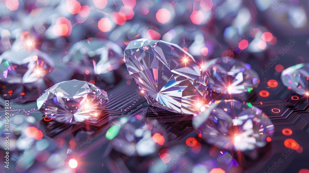 Conceptual image of dazzling diamonds with binary code overlays ...