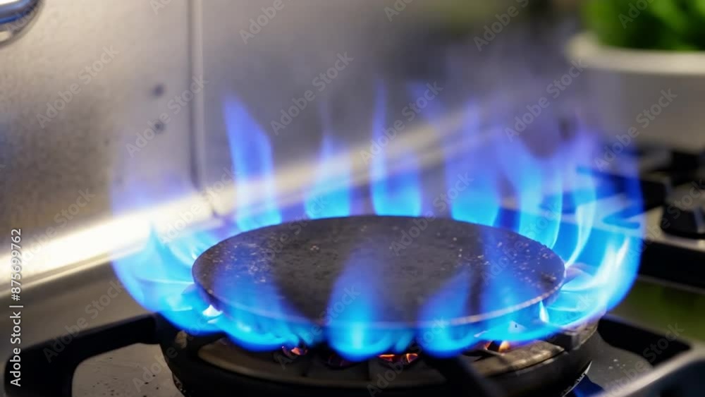 Kitchen gas cooker featuring a large flame of blue propane Stock Video ...
