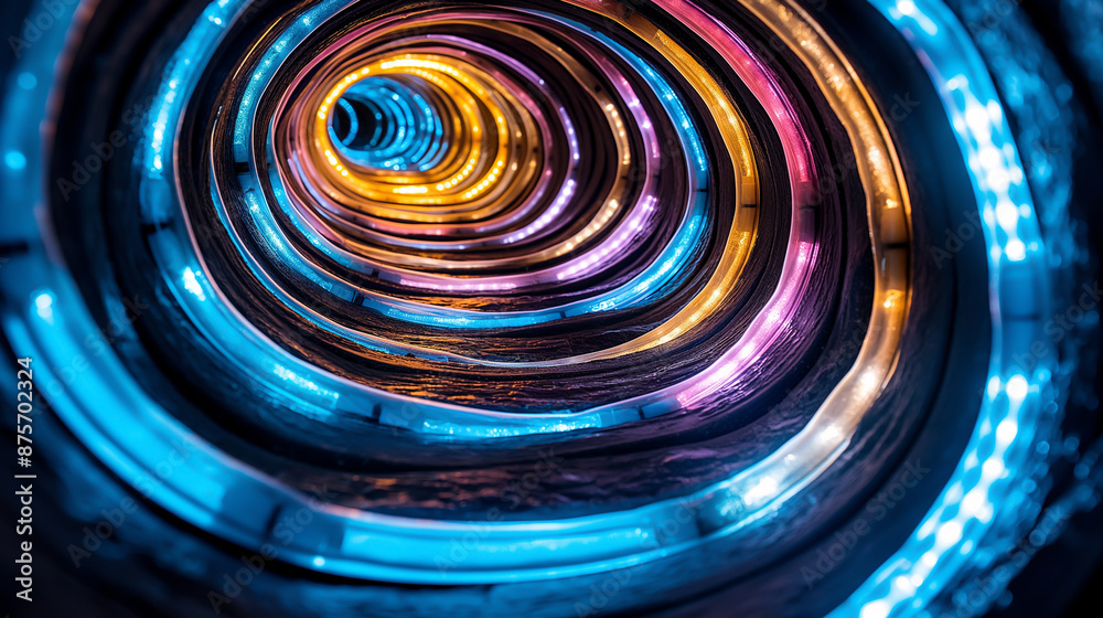 A swirling vortex of neon lights, hypnotic movement that evokes a ...