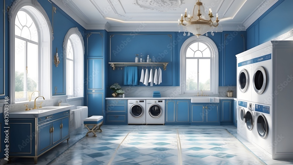 Royal laundry room interior design, blue and white color interior ...