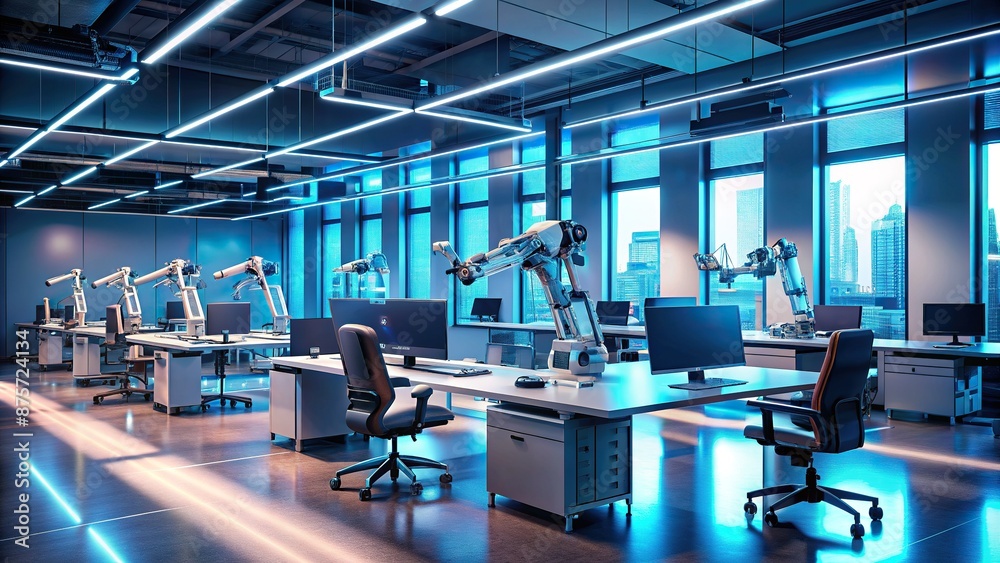 Modern office background with futuristic neon lights, sleek computers ...