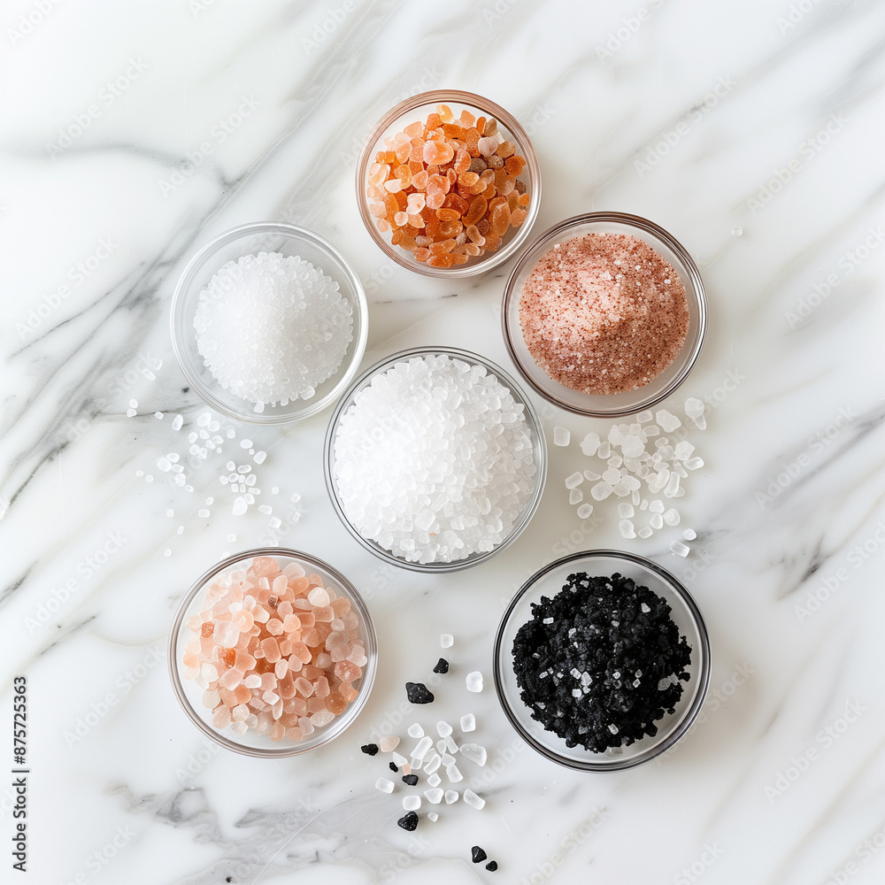 Aesthetic arrangement of Himalayan pink salt, sea salt, kosher salt ...