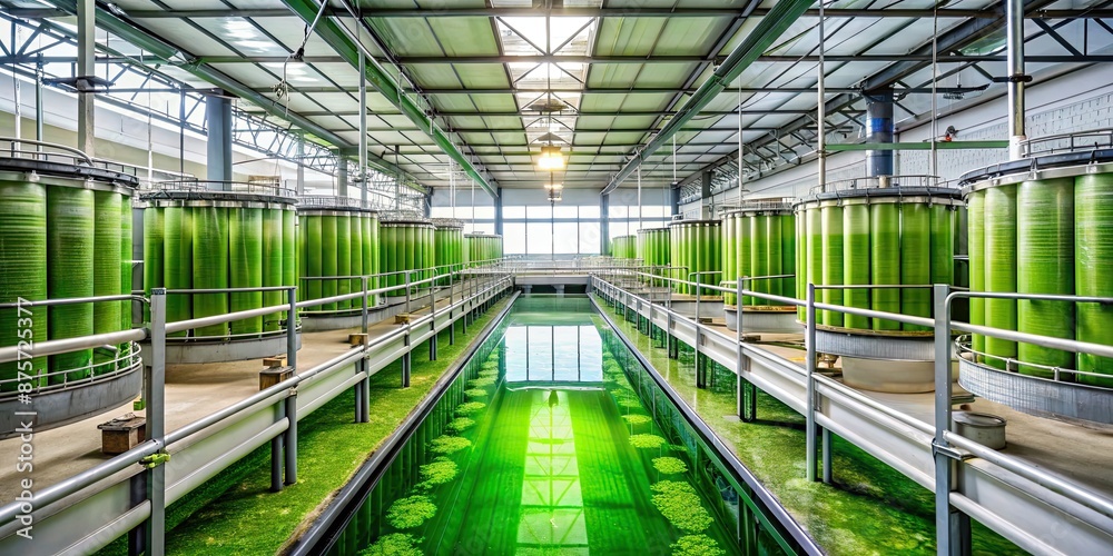 Algae farm with bioreactors producing biofuel for sustainable energy ...