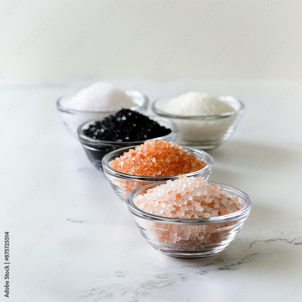 Aesthetic arrangement of Himalayan pink salt, sea salt, kosher salt ...