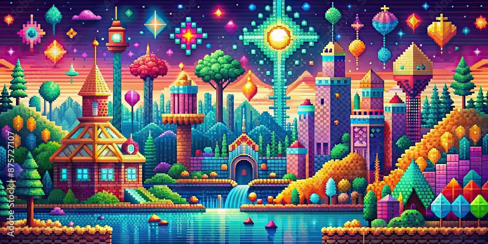 Vibrant, nostalgic pixel art scene featuring abstract shapes, geometric ...