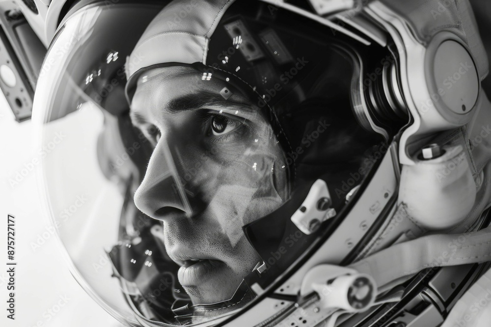 The close up black and white picture of the astronaut wearing the space ...