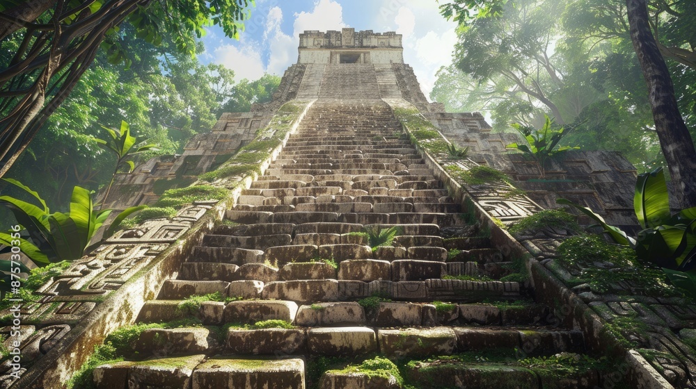 An ancient Mayan pyramid rising above the jungle canopy, its weathered ...