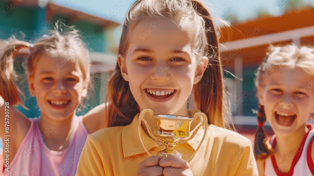 Girl with trophy celebrating victory with friends at school sports ...
