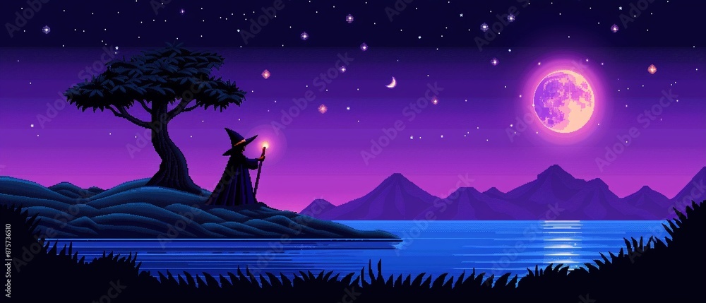 Witch casting a spell under the moonlight, pixel art, purple and black ...