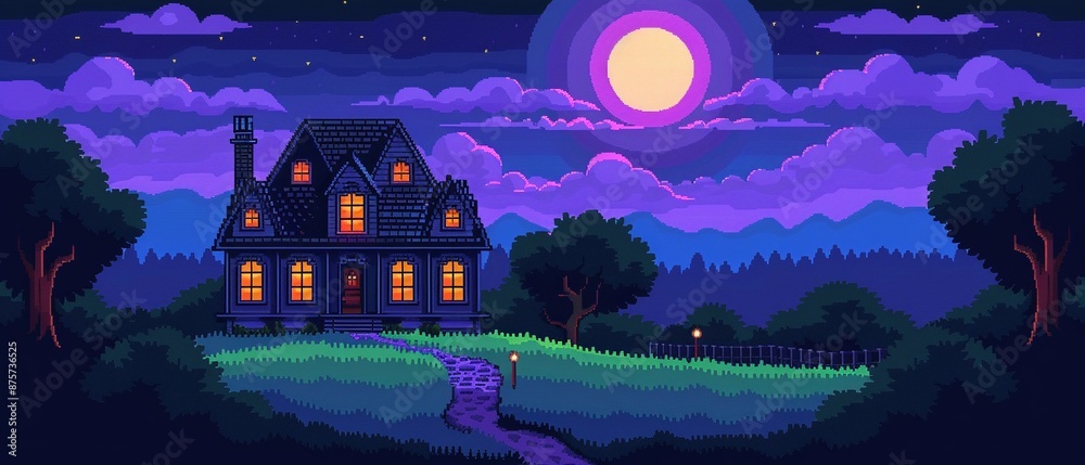 Pixelated haunted mansion with creepy windows, pixel art, dark purple ...