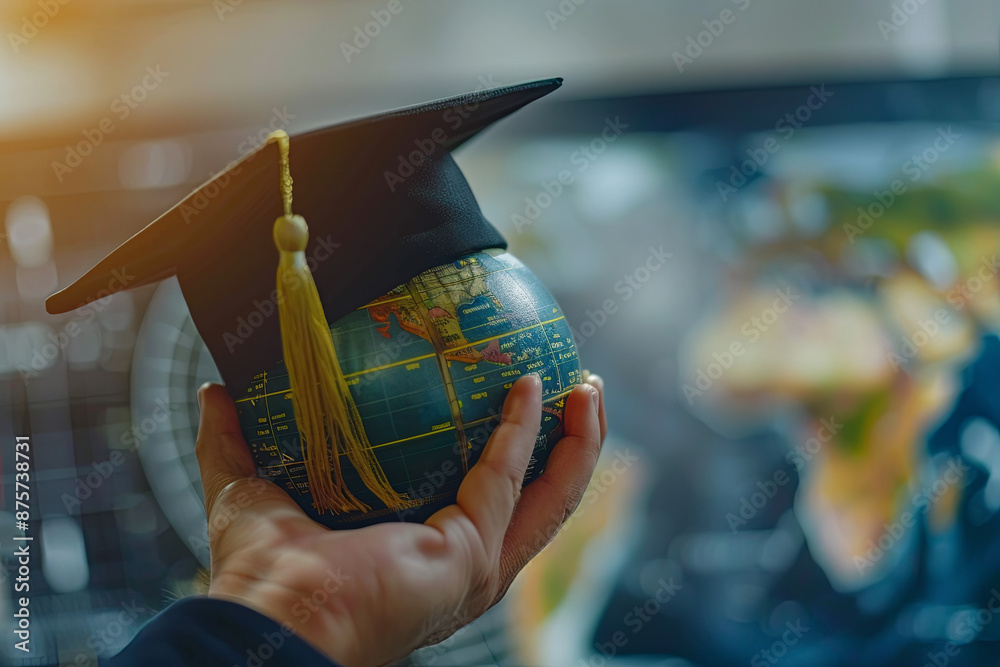 Global education, graduation cap on a businessman holding an Earth ...