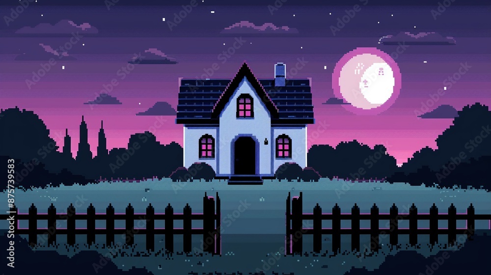 Haunted village with pixelated ghosts, pixel art, gray and black, 8bit ...