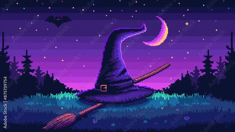 Witchs hat and broomstick with a spooky background, pixel art, purple ...