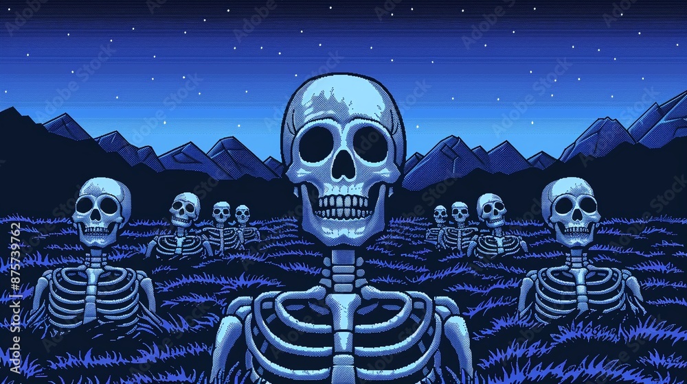 Pixelated skeleton army rising from the ground, pixel art, white and ...